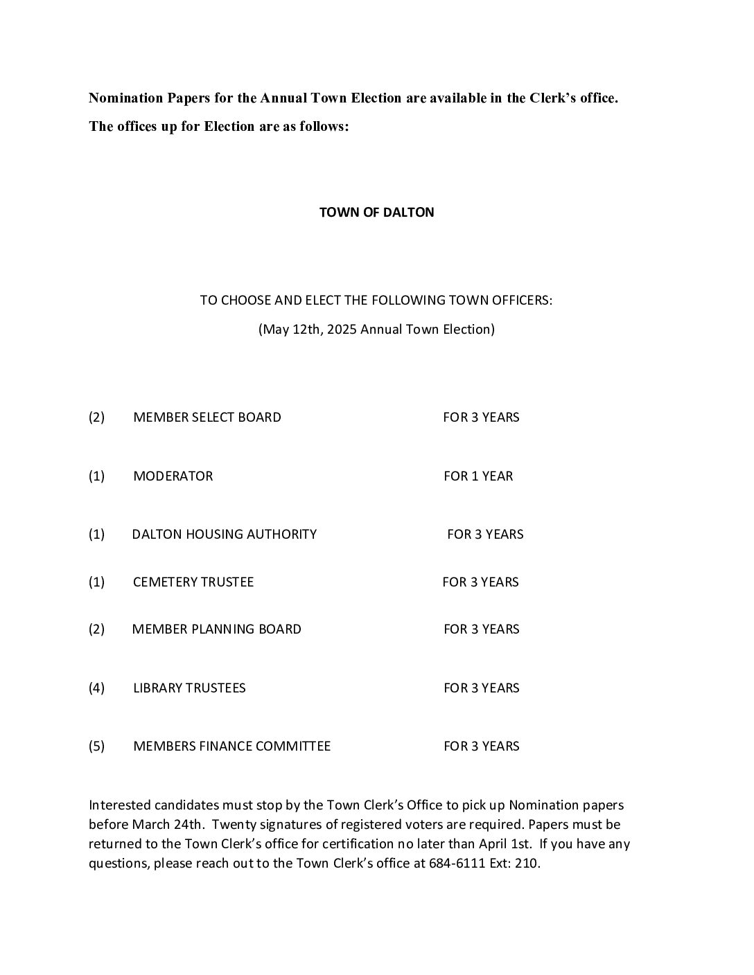 Nomination Papers for Annual Town Election available in Town Clerk's ...